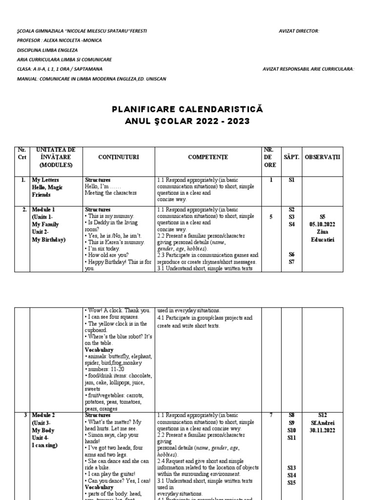 Planificare Calendaristica Clasa A II-a | PDF