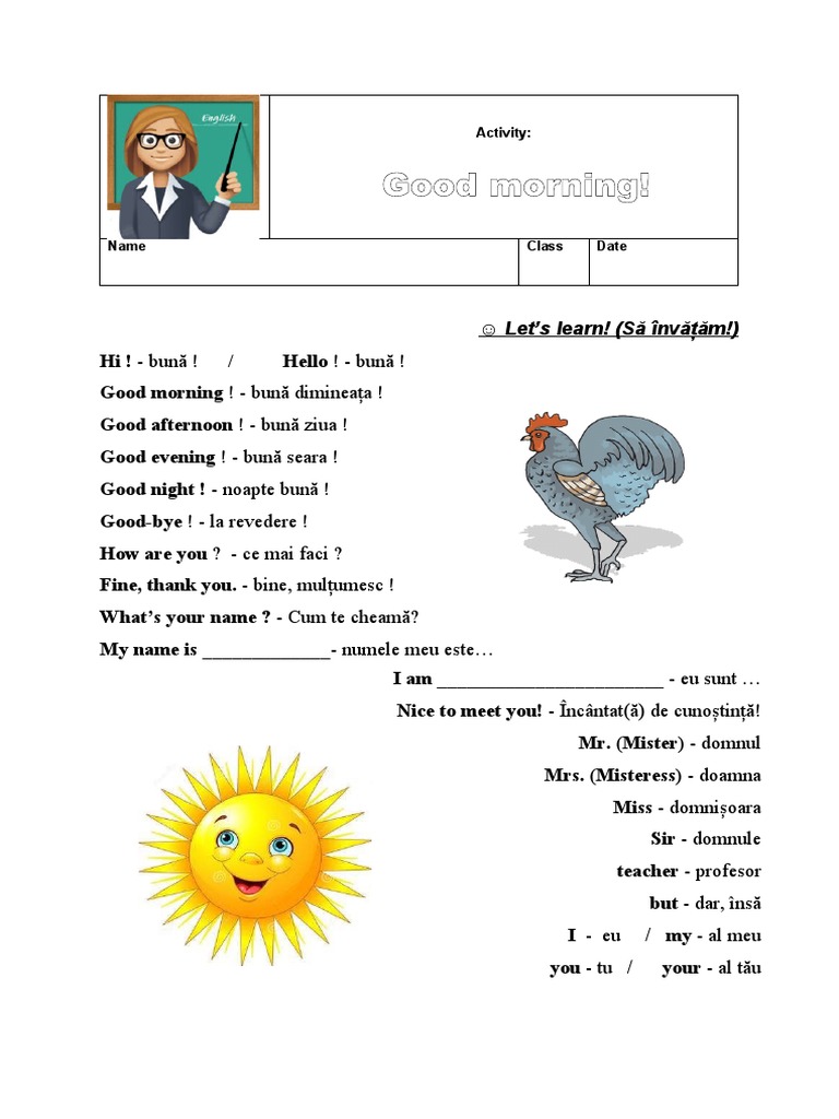 Fisa Limba Engleza Cls. 02 Good Morning 1 | PDF