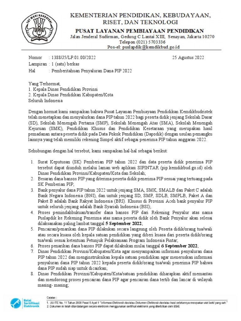 Pemberitahuan Penyaluran PIP - SK 15 Agustus | PDF