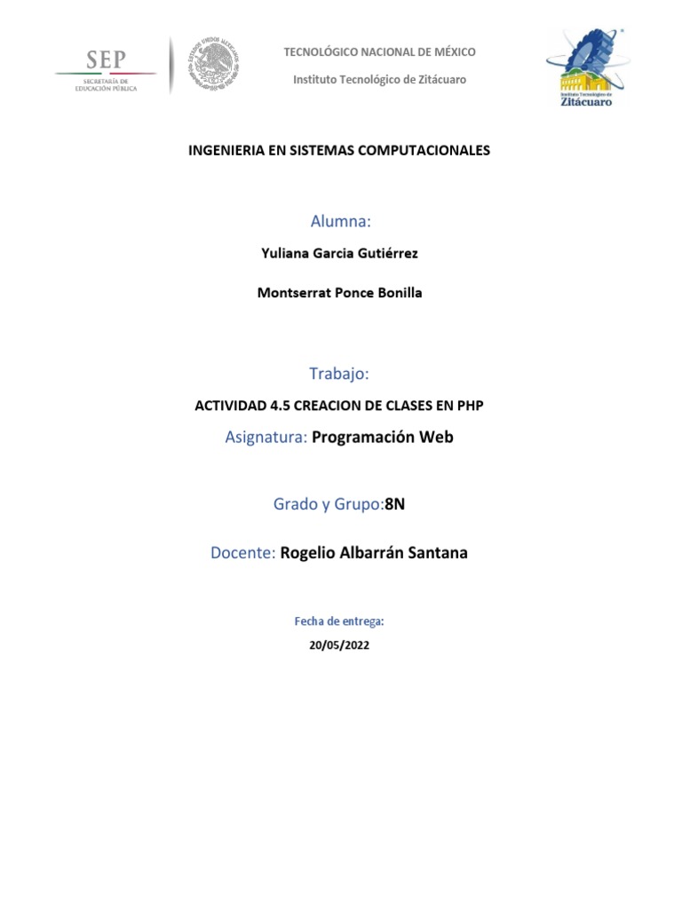 ACTIVIDAD 4.5 CREACION DE CLASES EN PHP - Equipo1 | PDF | Objeto (informática) | Programación ...
