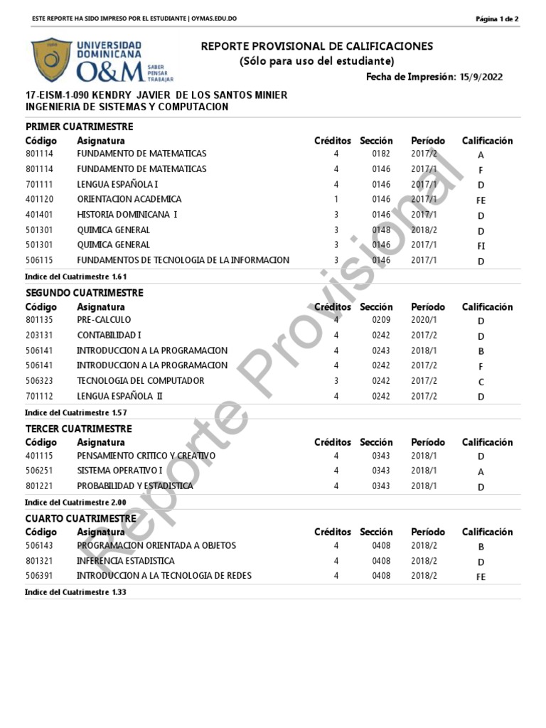 Reporte Provisional de Calificaciones | PDF