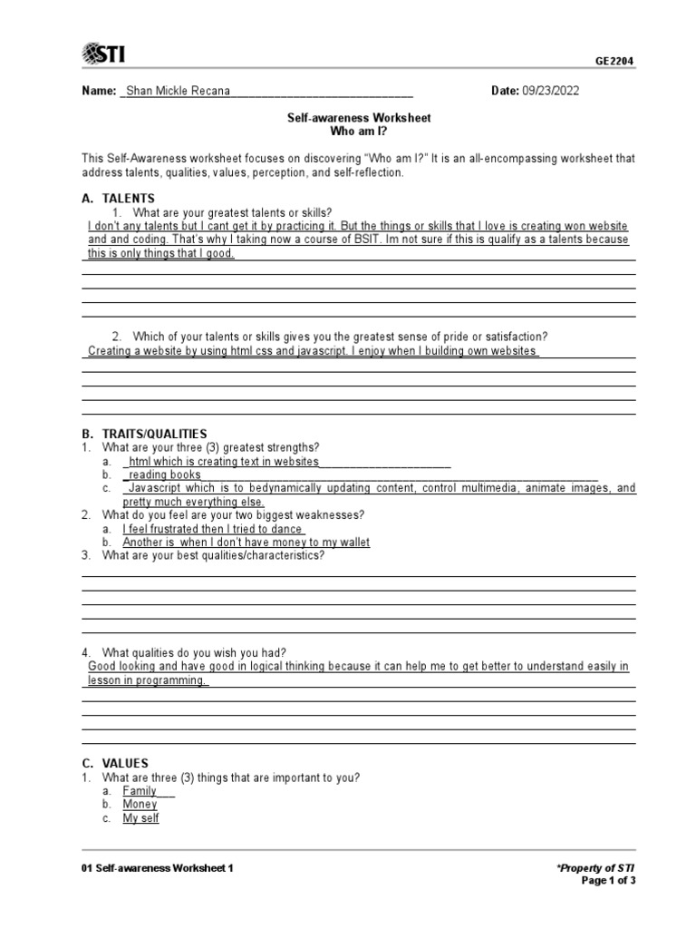 01 Self-Awareness Worksheet 1 | PDF | Cognitive Science | Psychological ...