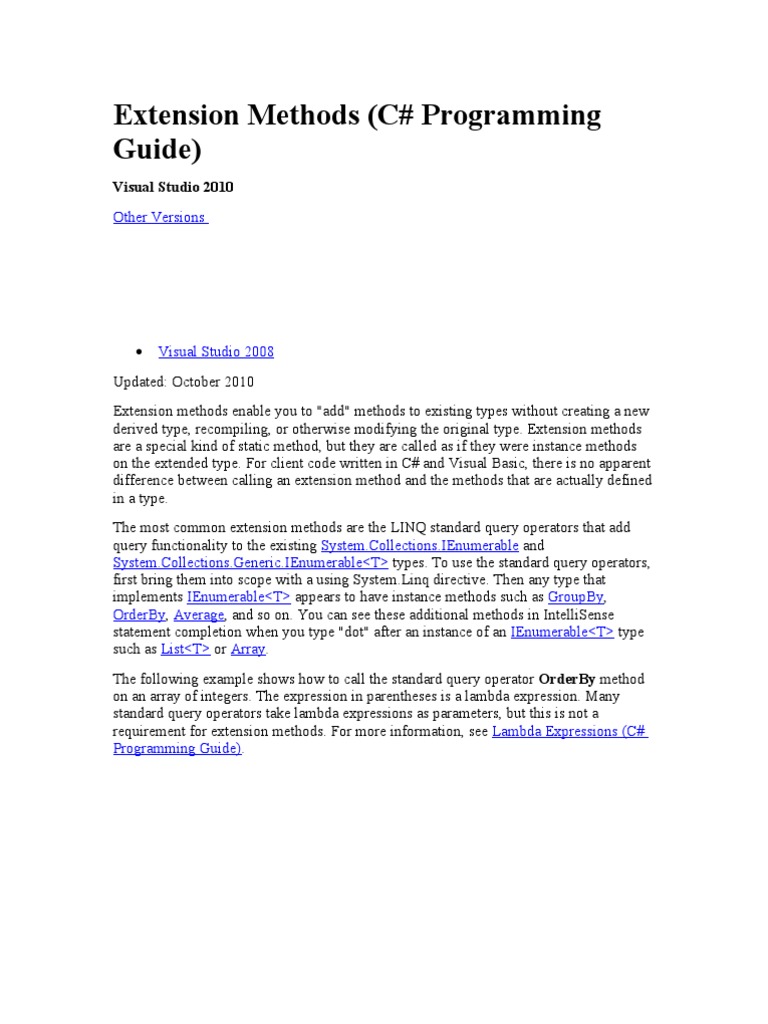 Extension Methods (C# Programming Guide) : Visual Studio 2010 | PDF ...