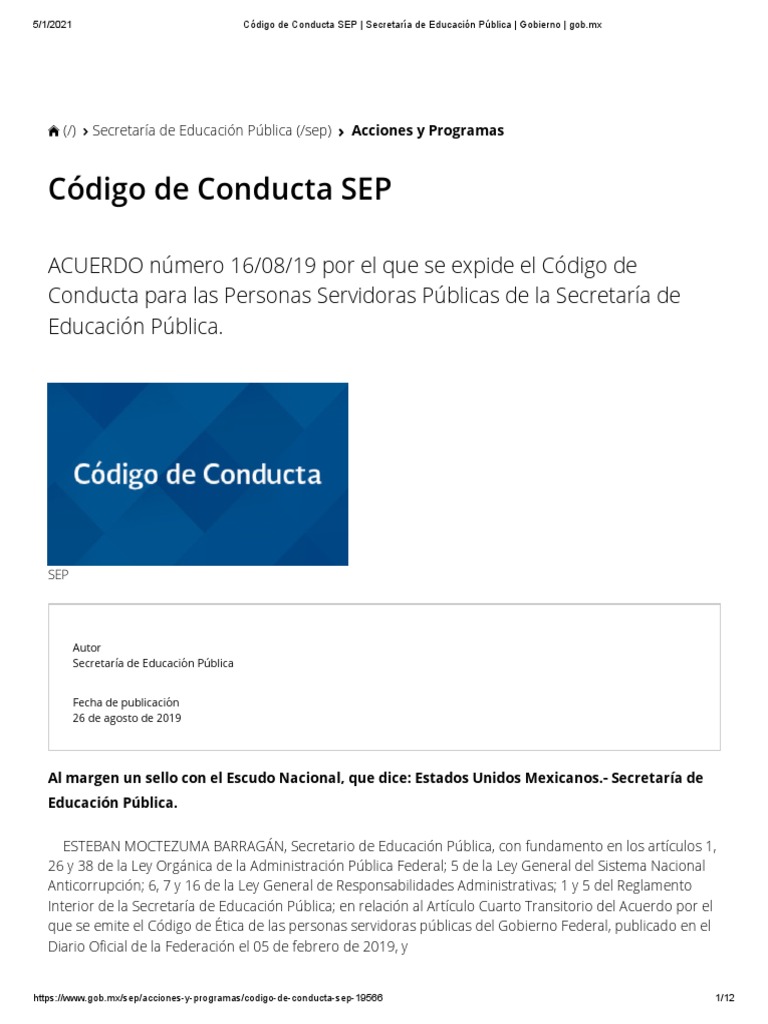 Código de Conducta de La SEP 16-08-19 | PDF | Igualdad de género ...