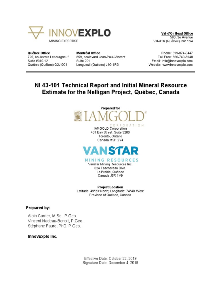 Technical Report and Initial Mineral Resource Estimate For The Nelligan ...