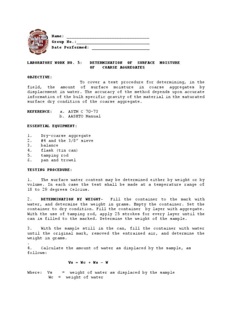 Surface Moisture Testing of Coarse Aggregates | PDF | Physical Sciences ...