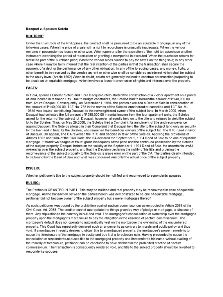Equitable Mortgage: Dacquel v. Sotelo | PDF | Mortgage Law | Foreclosure