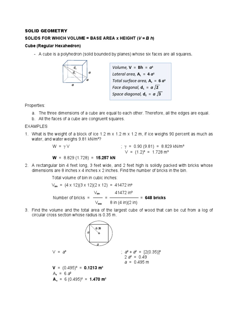 Solids For Which Volume Base Area X Height (V B H) Cube (Regular ...