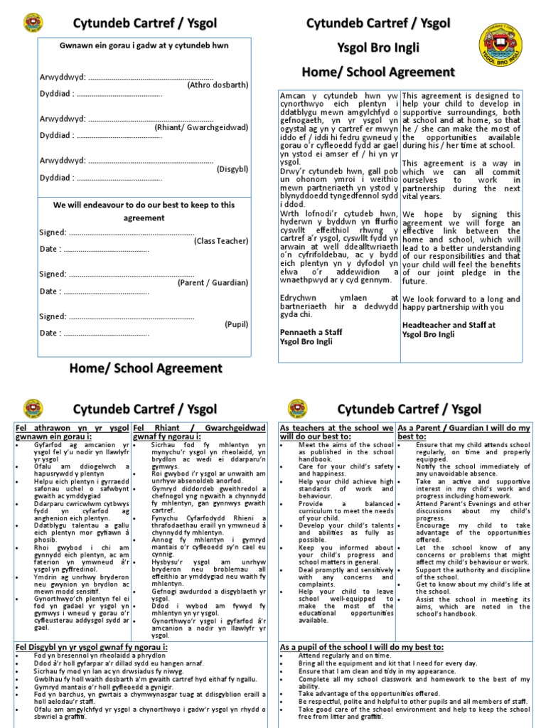 Cytundeb Cartref Ysgol - Home School Agreement | PDF