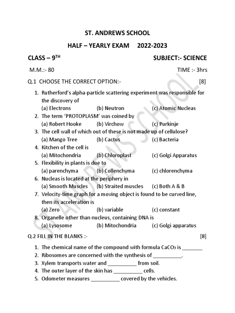 CLASS 9th HALF YEARLY 2022-23 SCIENCE | PDF | Solubility | Chemical ...