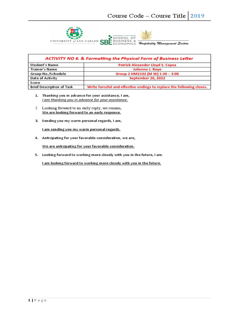 Assignment 6 - Formatting The Physical Form of Business Letter-1 | PDF
