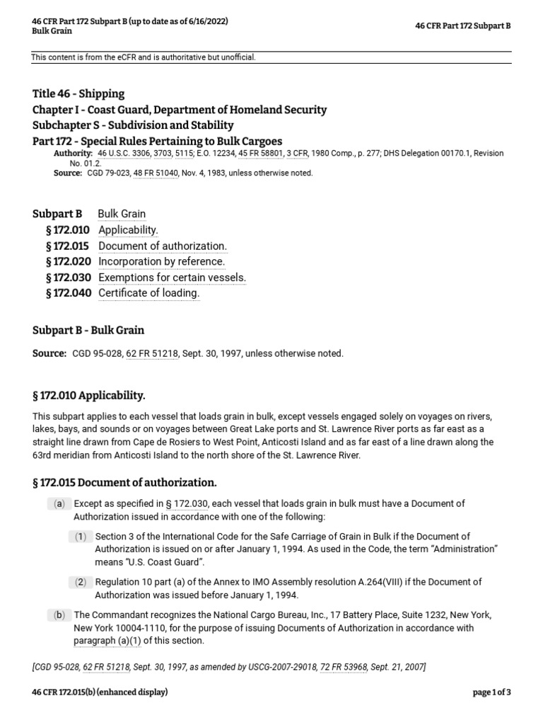 46 CFR Part 172 Subpart B (Up To Date As of 6-16-2022) | PDF | Tonnage ...