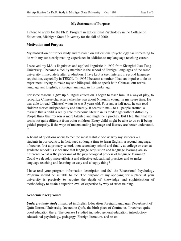 Statement of Purpose Example 11 | PDF | Multilingualism | Schools