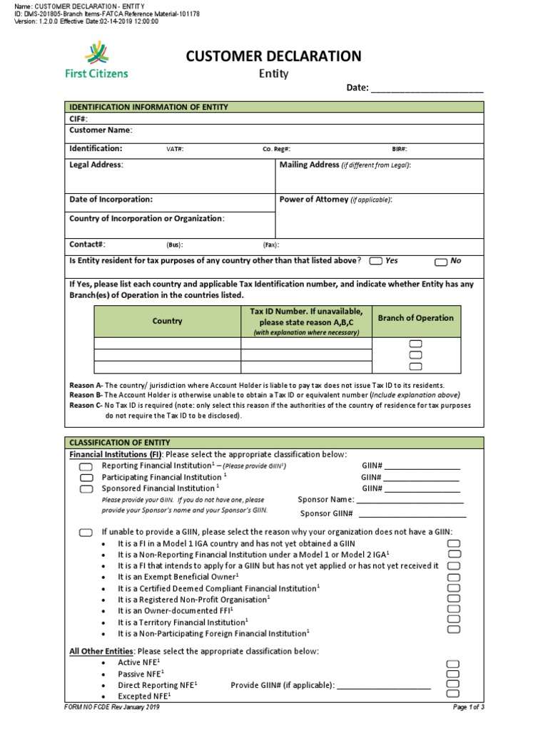 Customer Declaration Form Entity 1 | PDF | Taxes | Income