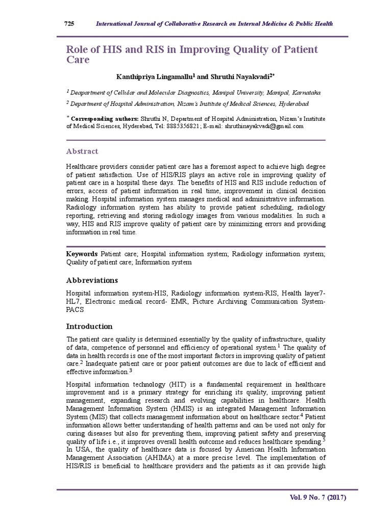 Role of His and Ris in Improving Quality of Patientcare | PDF | Health ...
