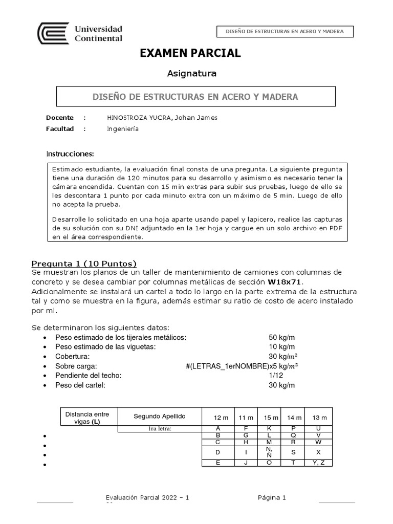 Examen Parcial Diseño en Acero y Madera 2022-I | PDF | Braguero | Ingeniero civil