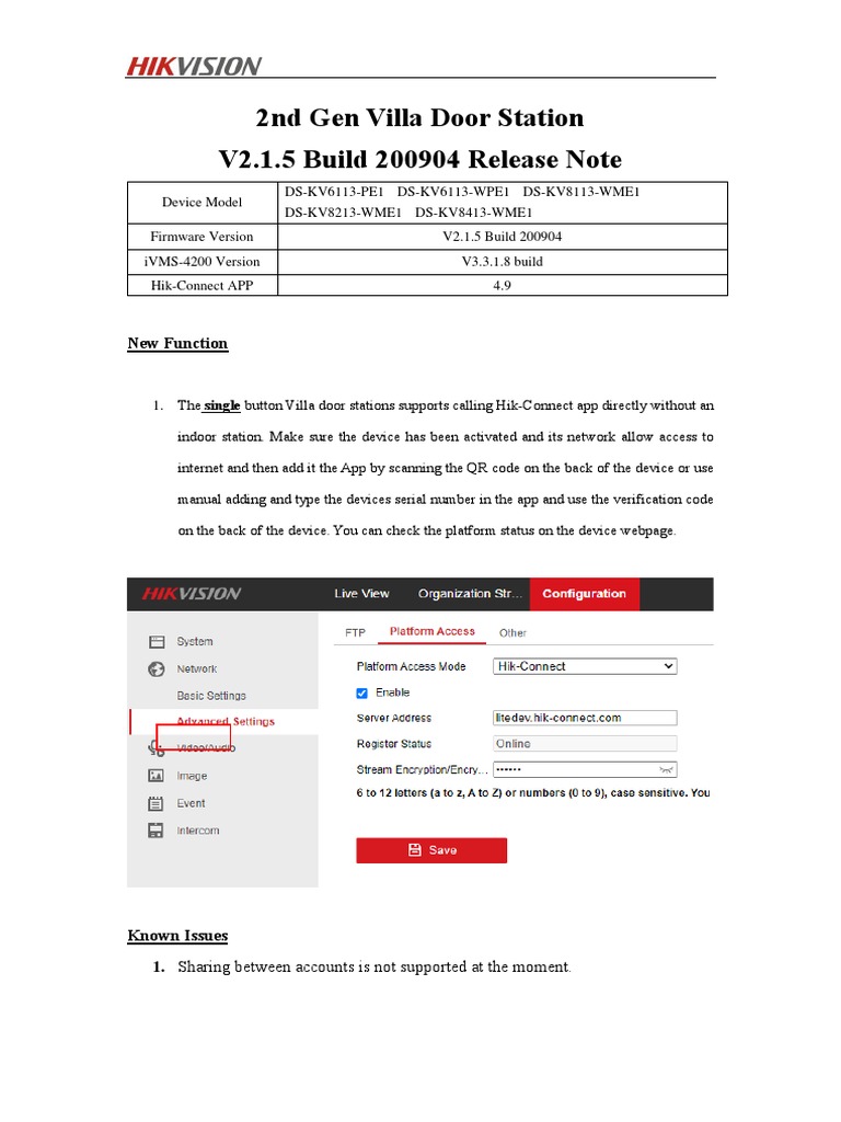 2nd Gen Villa Door Station v2.1.5 - Build200904 Release Note | PDF