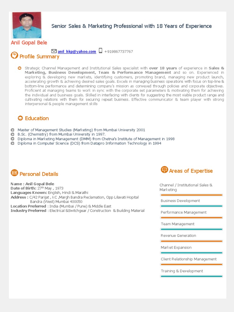 CV+Anil+Bele+20 | PDF | Sales | Marketing