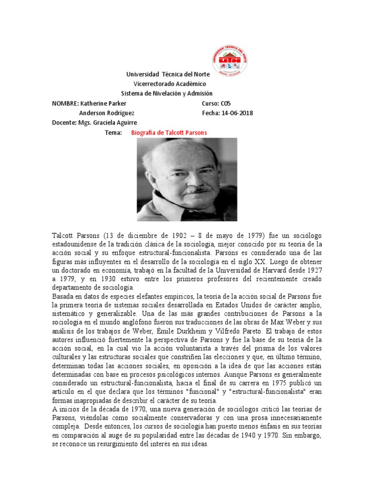 Biografía de Talcott Parsons | PDF | Emile Durkheim | Sociología