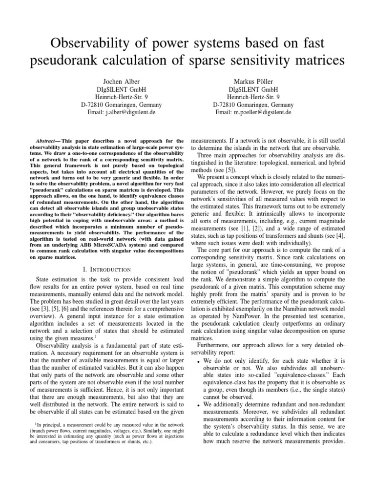 Observability of Power Systems Based On Fast Pseudorank Calculation of Sparse Sensitivity ...