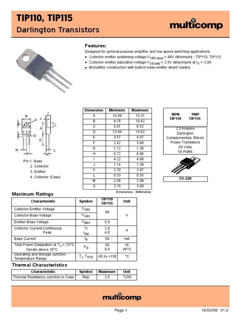 TIP110, T IP115: Darlington Transistors | PDF | Bipolar Junction ...