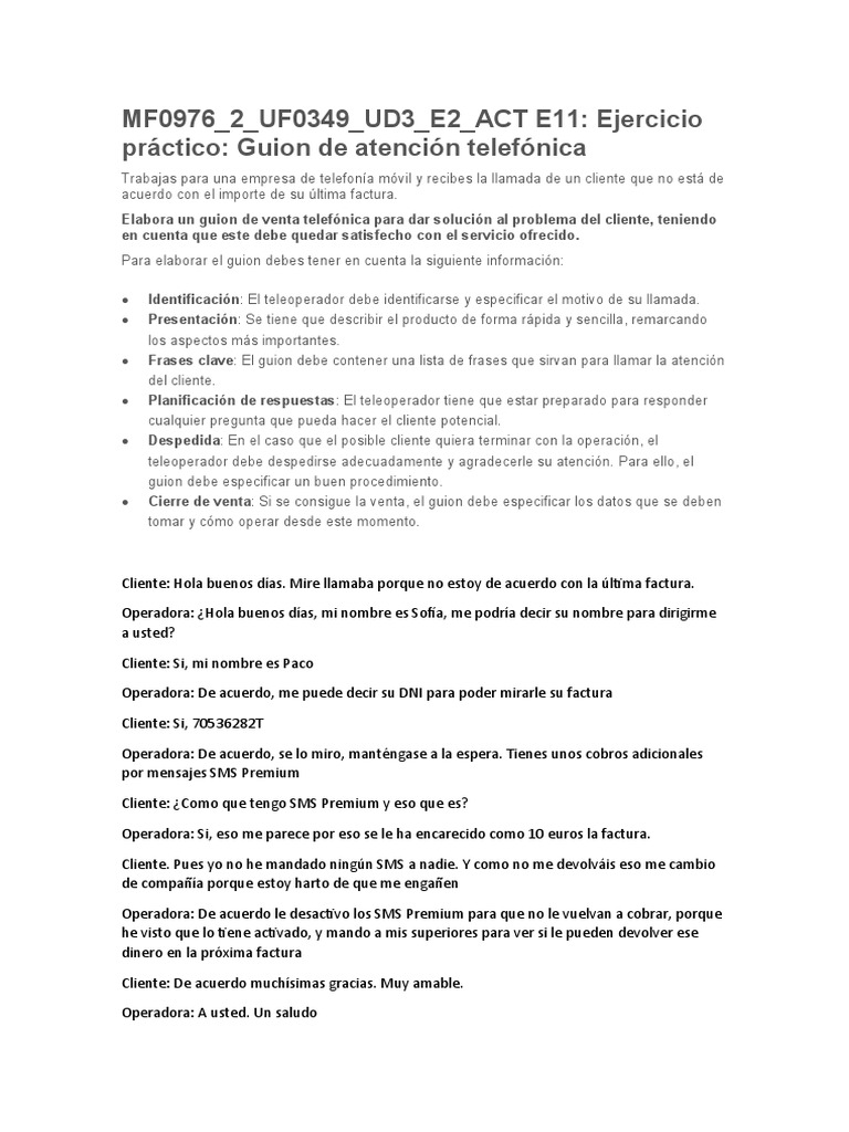 E11 Ejercicio Práctico Guion de Atención Telefónica | PDF