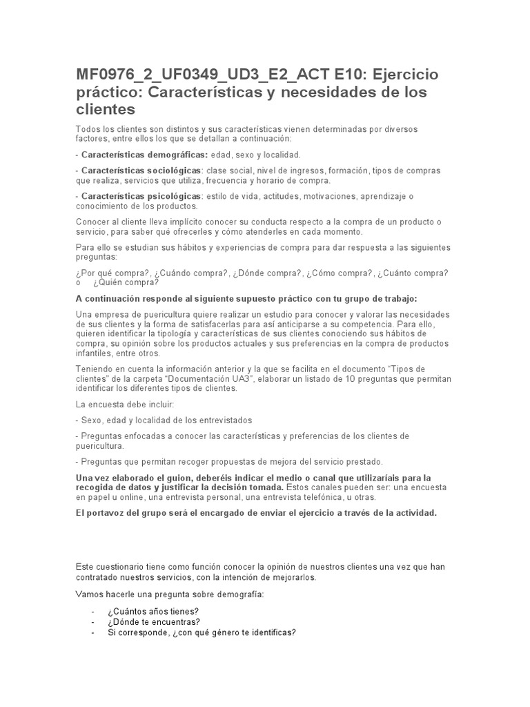 E10 Ejercicio Práctico Características y Necesidades de Los Clientes ...