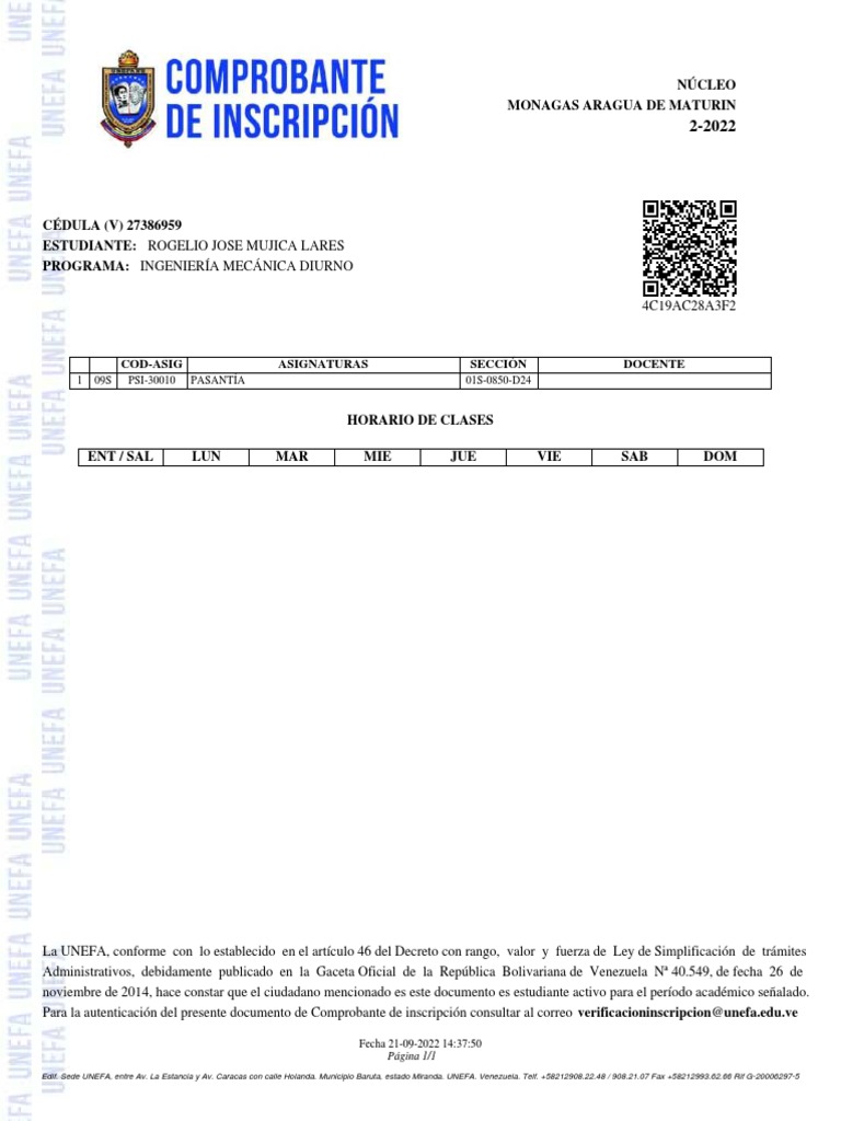 Planilla de Inscripción Unefa | PDF