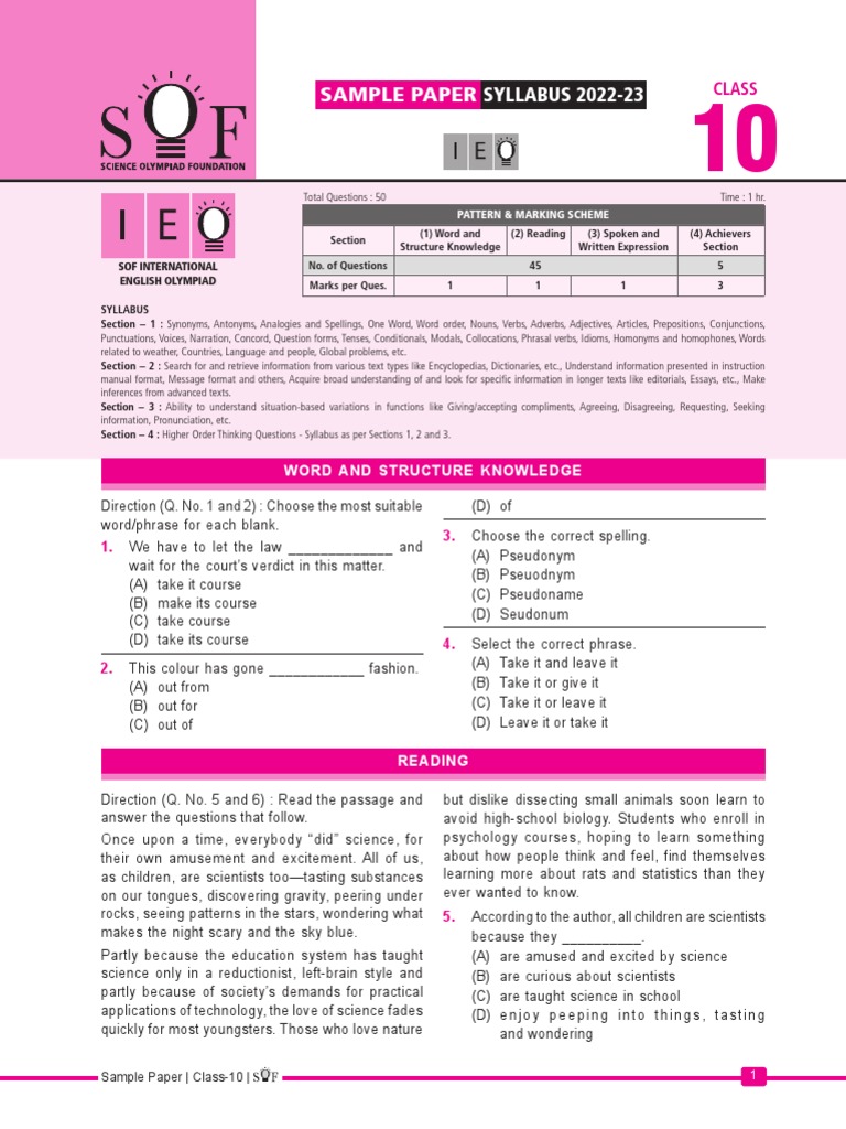 Ieo Sample Paper Class-10 | PDF | Verb | English Language