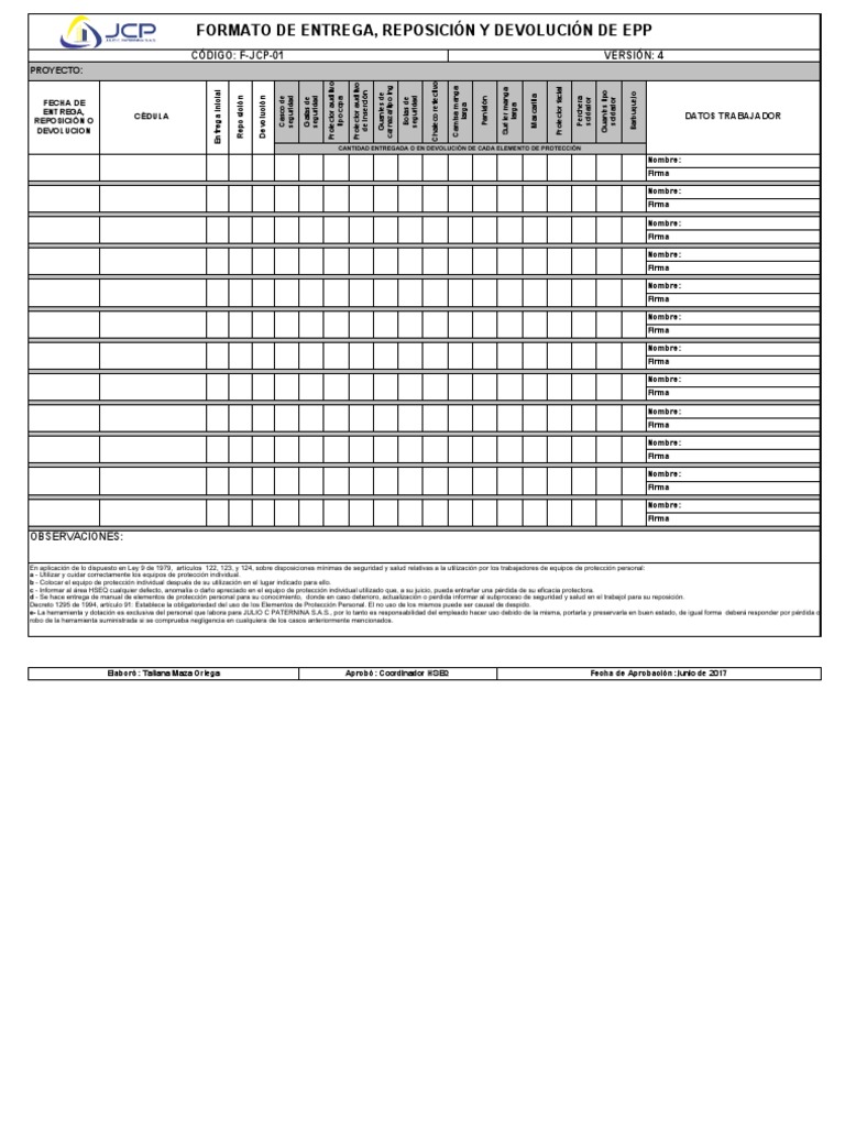 F-jcp-01 Formato Entrega y Devolucion de Epp v. 3 | PDF
