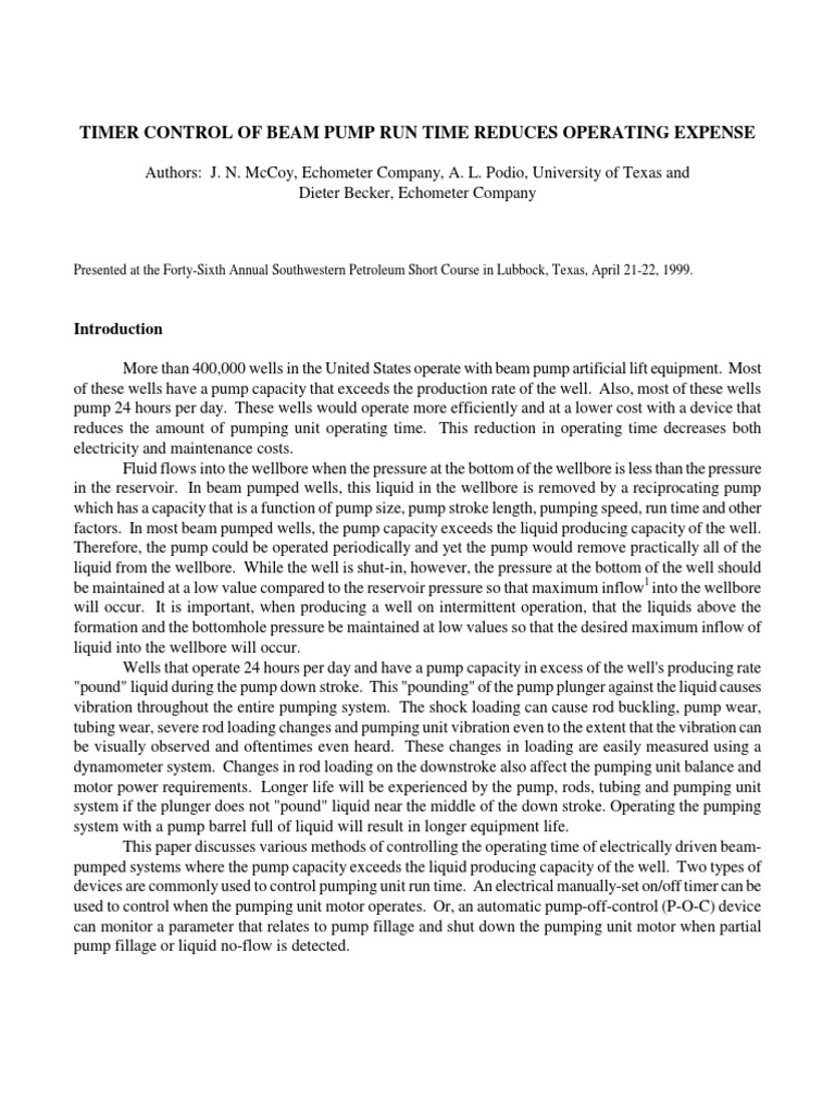 Timer Control of Beam Pump Run Time Reduces Operating Expense SWPSC ...