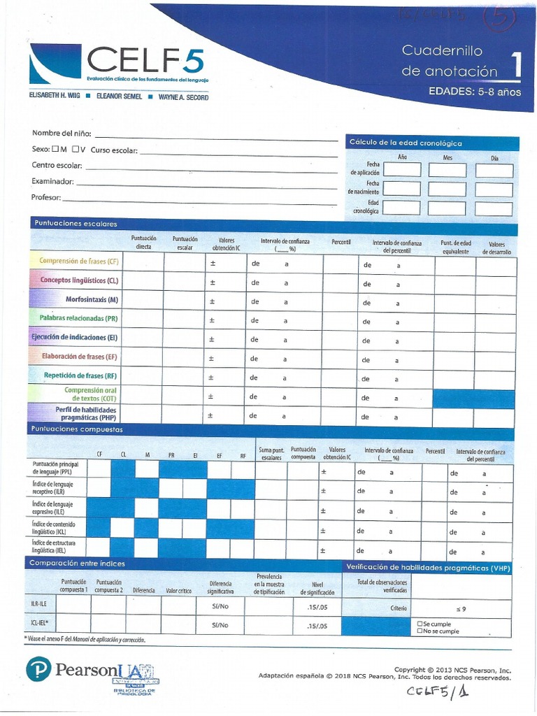 Celf-5, Cuadernillo Anotacion 1 5-8 | PDF