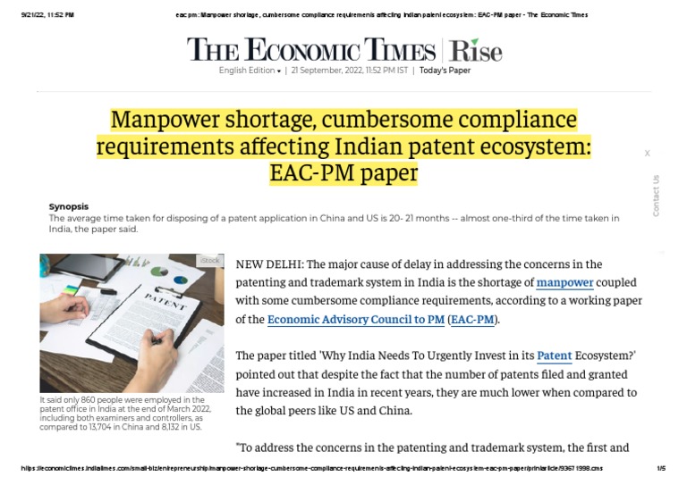 Eac PM - Manpower Shortage, Cumbersome Compliance Requirements Affecting Indian Patent Ecosystem ...