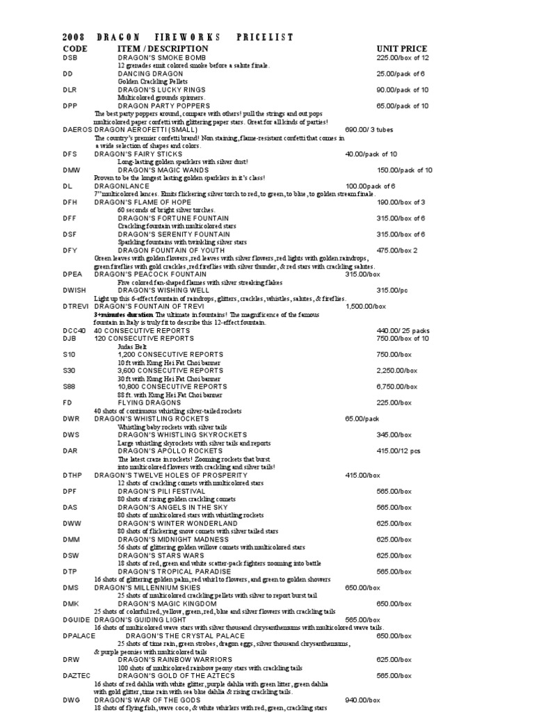 Dragon Fireworks Price List | PDF | Fireworks | Nature