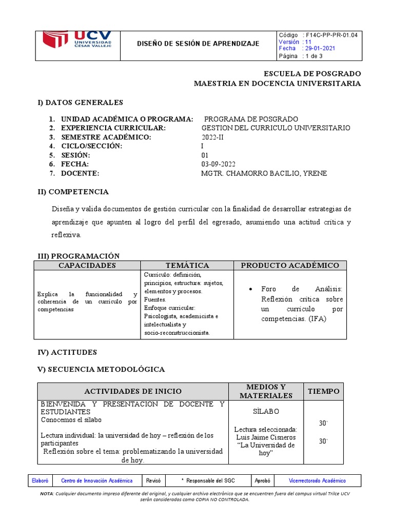 F14C-PP-PR-01.04 DISEN O DE SESIO N DE APRENDIZAJE V11-Posgrado | PDF | Plan de estudios ...
