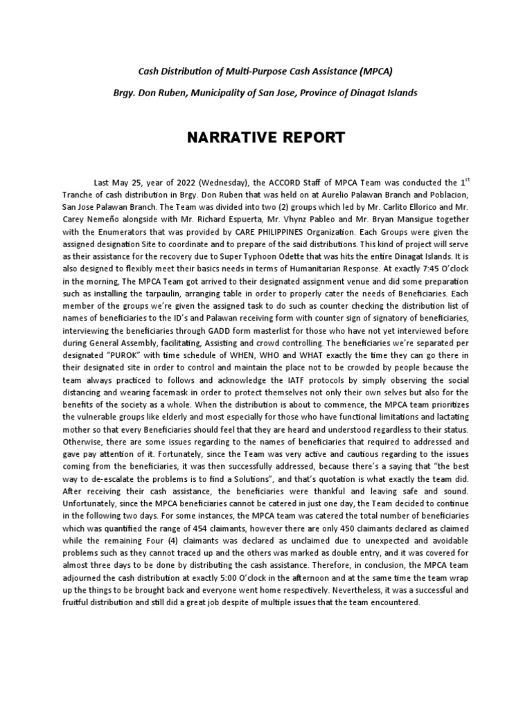 Cash Distribution of MPCA-Narrative Report - Don Ruben | PDF