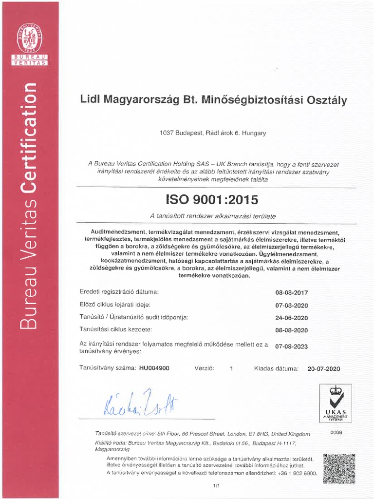 ISO 9001 2020 Lidl Magyarorszag | PDF