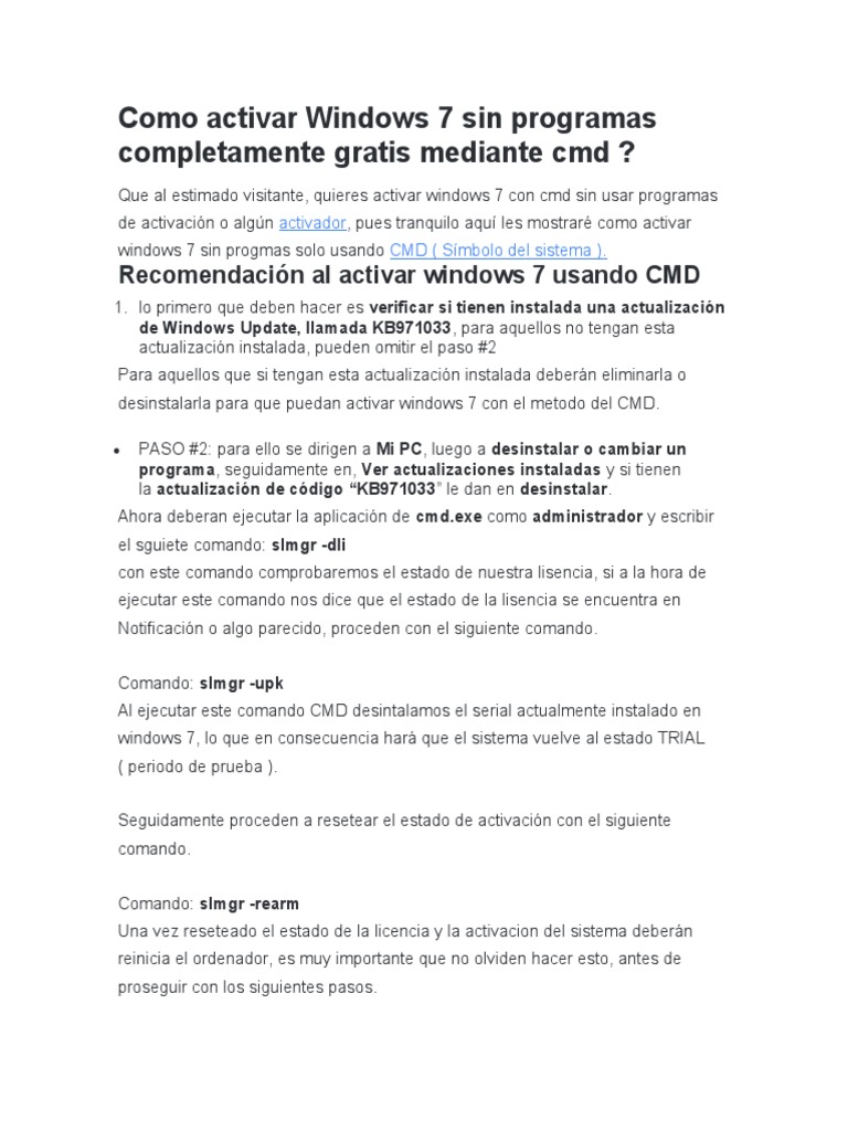 Como Activar Windows 7 Sin Programas Completamente Gratis Mediante CMD | PDF