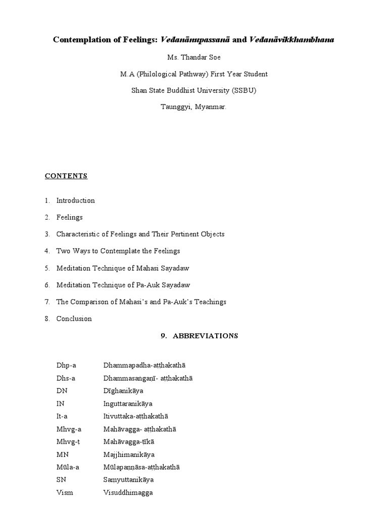 Contemplation of Feelings Vedanānupassanā and Vedanāvikkhambhana | PDF ...