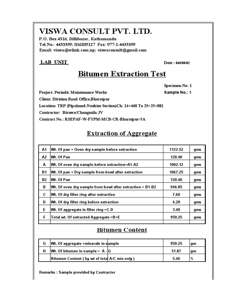 Bitumen Extraction Test Report for Periodic Maintenance Works on TRP ...