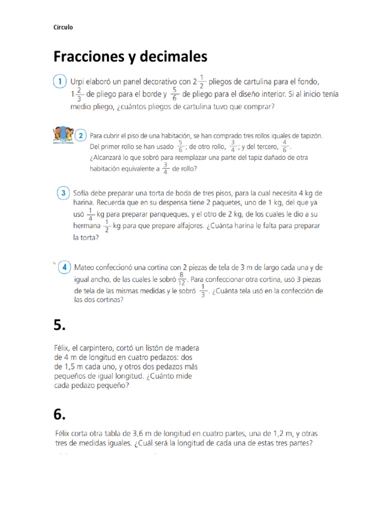 Fracciones y Decimales Circulo | PDF | Sustracción | Matemáticas