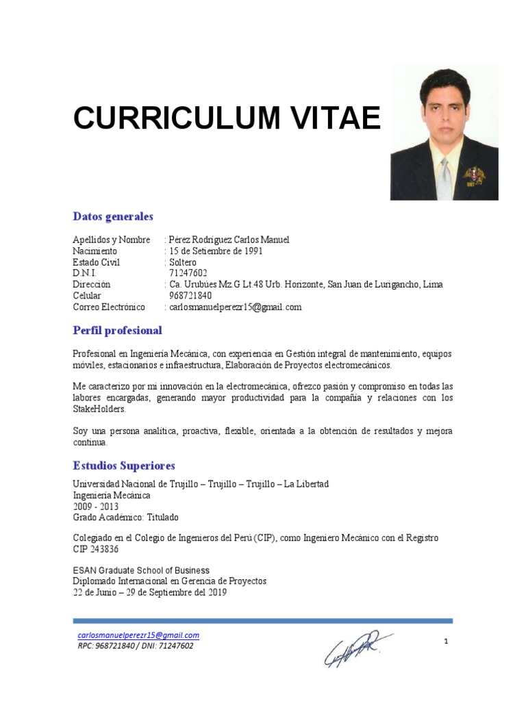 CV de Ingeniero Mecánico Carlos Pérez | PDF | Ingeniería
