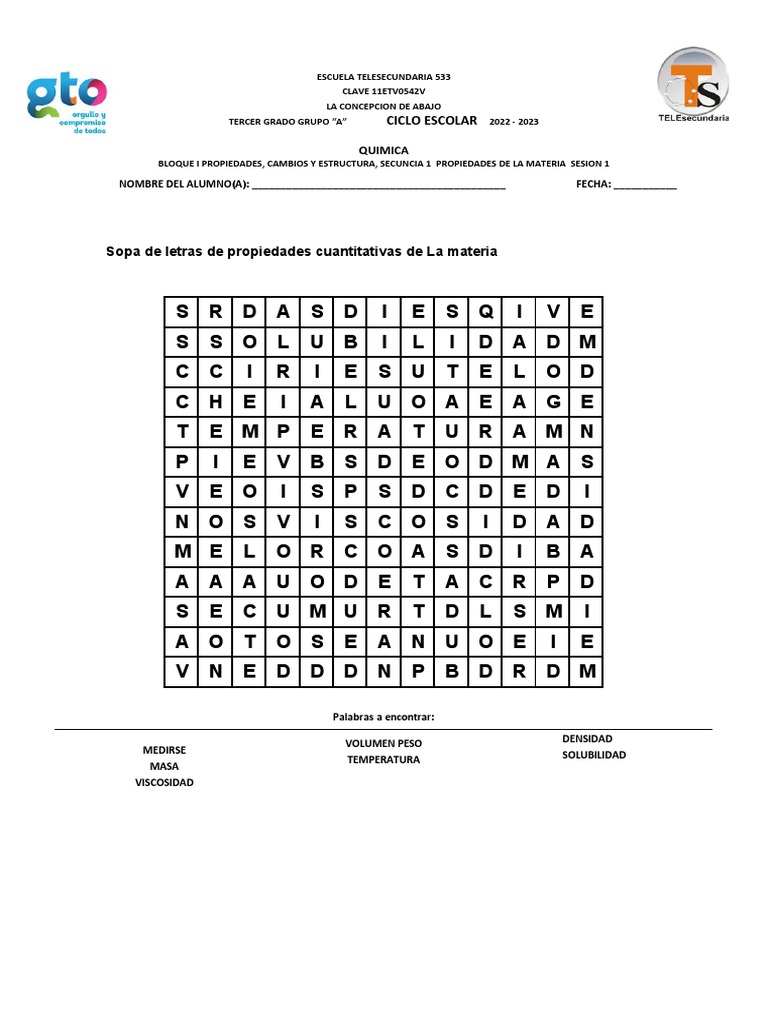 Sopa de letras: Propiedades de la materia | PDF