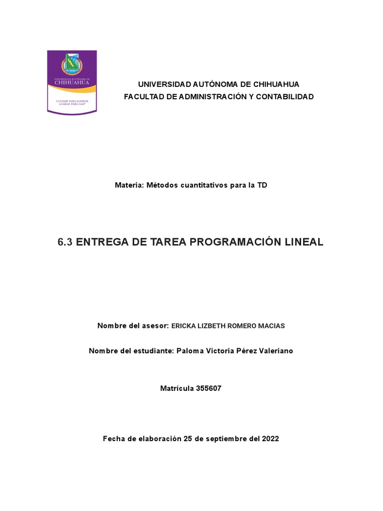 6.3 Entrega de Tarea Programación Lineal | PDF | Programación lineal