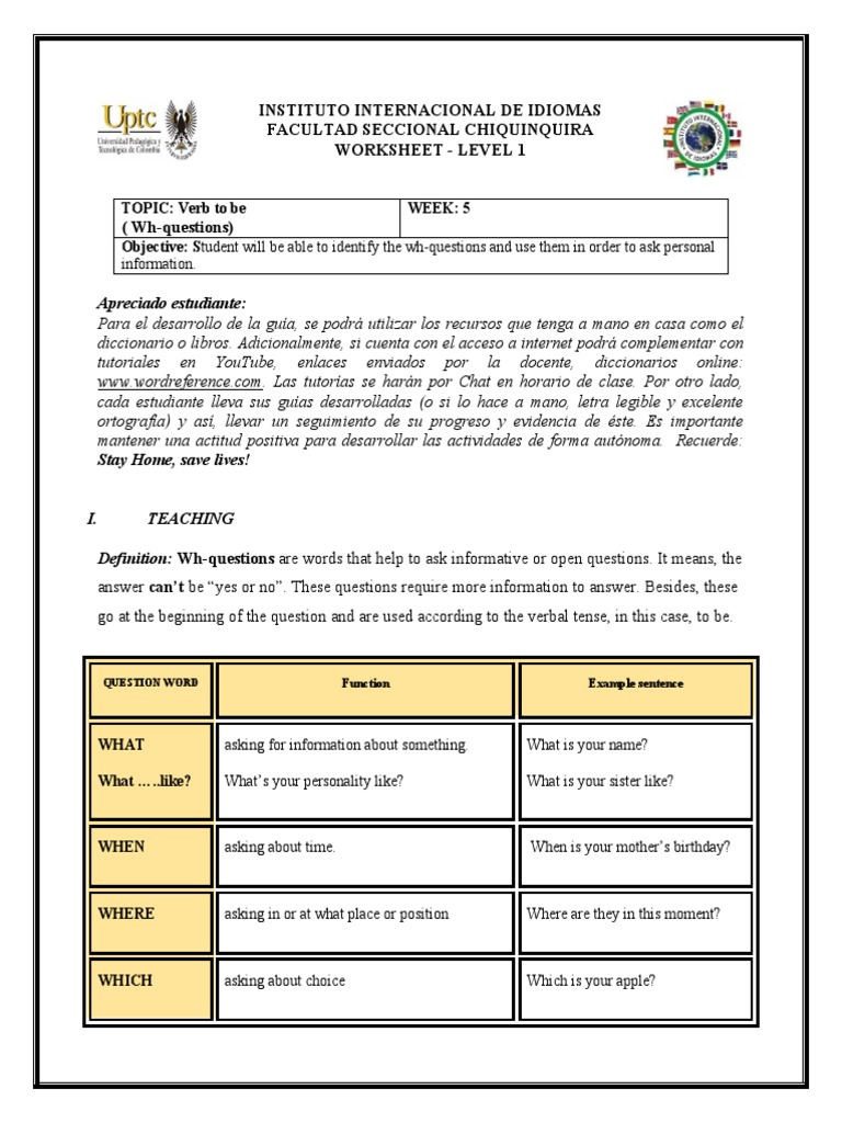 Level 1 - Week 5 - To Be - Wh-Questions | PDF | Question | Linguistic ...
