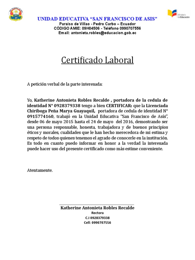 Certificado Laboral Marya | PDF | Salud y bienestar