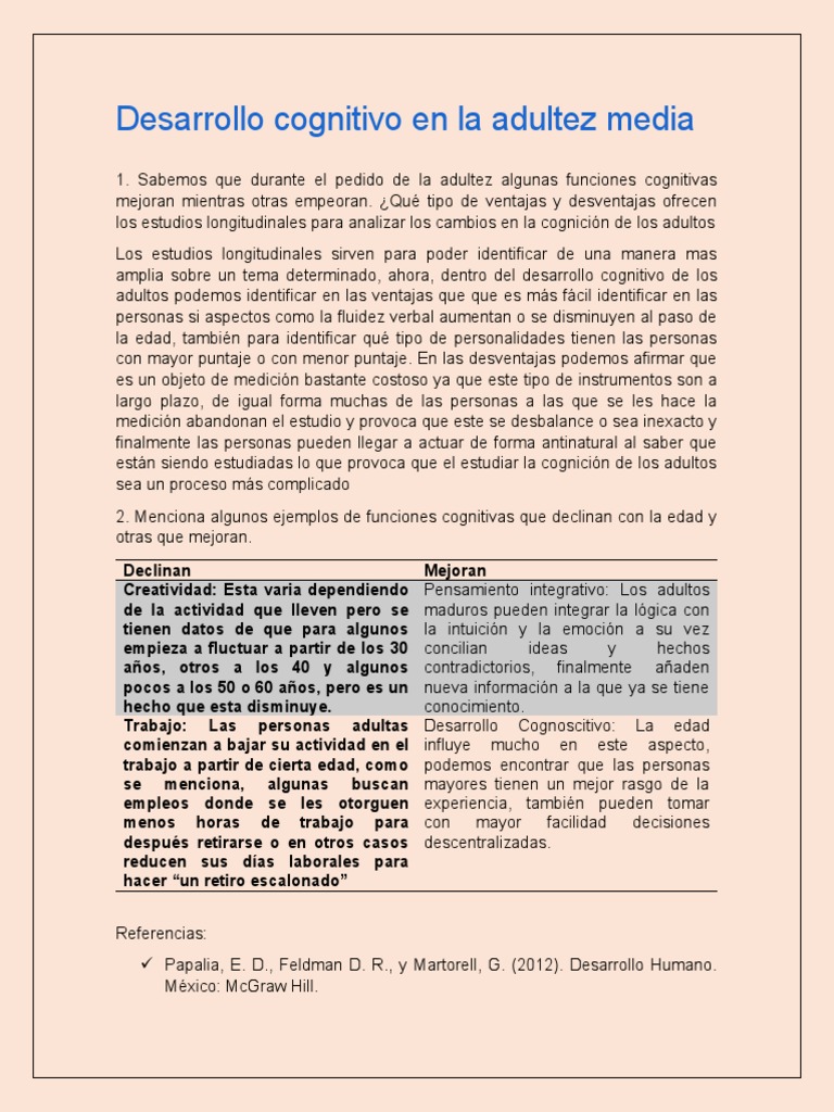 Desarrollo Cognitivo en La Adultez Media | Descargar gratis PDF | Adultos | Desarrollo cognitivo