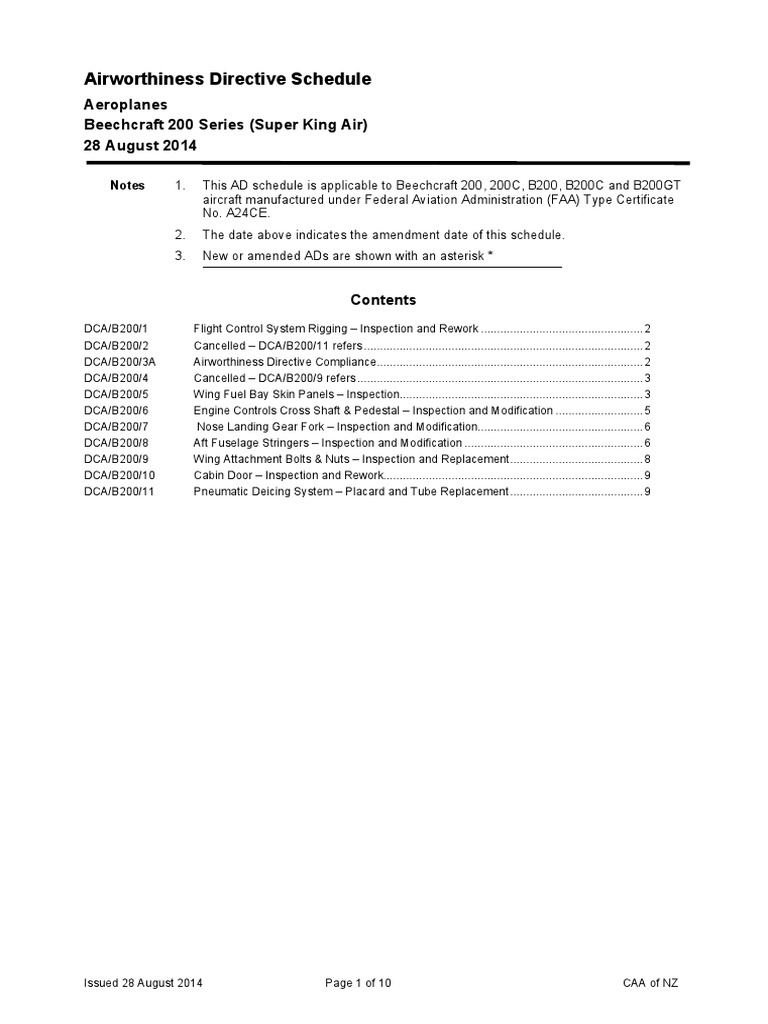 Airworthiness Directive Schedule: Aeroplanes Beechcraft 200 Series ...