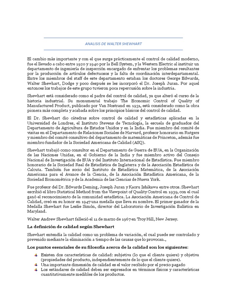 Aportaciones de Walter Shewhart a la Calidad | PDF | Calidad (comercial ...