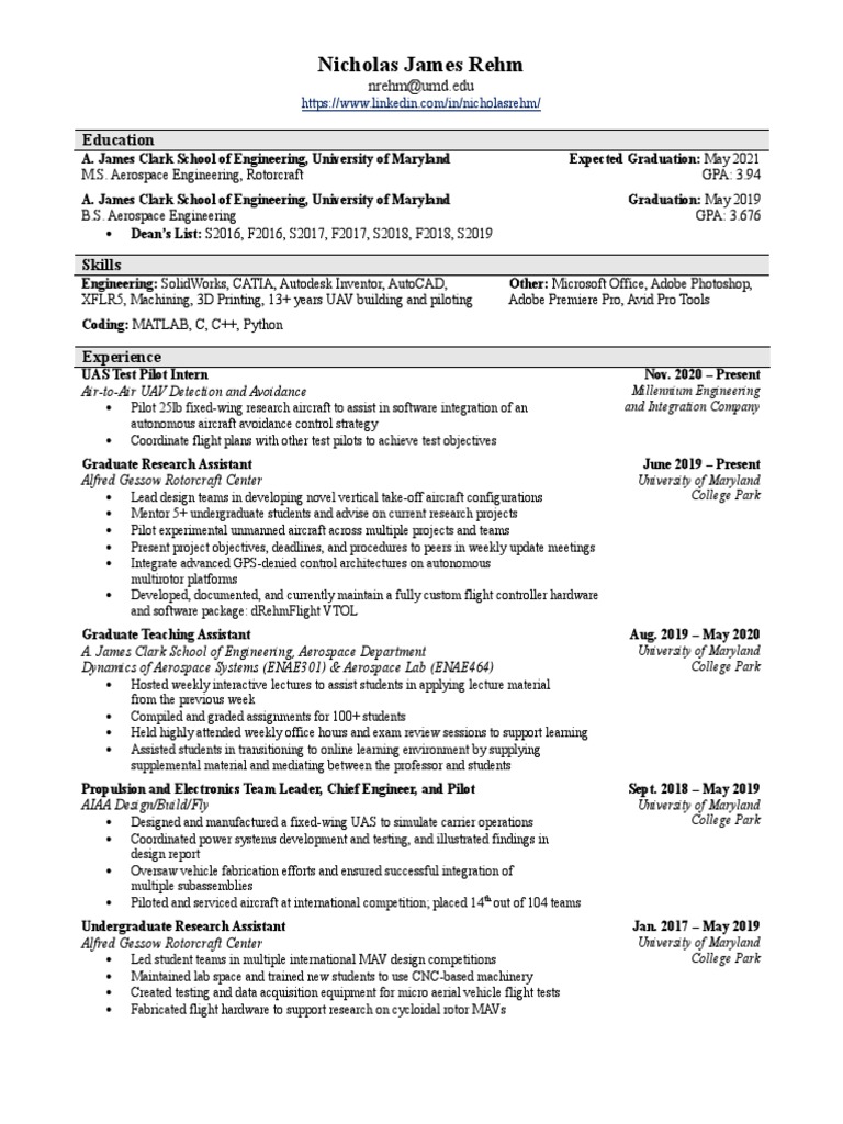 Resume - Nicholas Rehm | PDF | Unmanned Aerial Vehicle | Aircraft